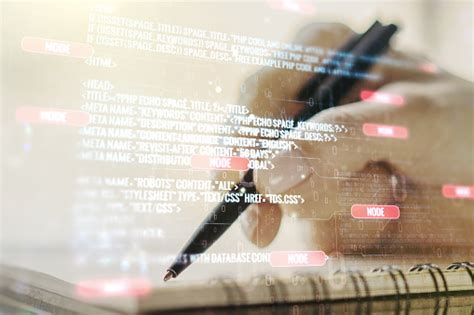 배경 연구 및 개발 개념에 노트북에 사람의 손으로 쓰기와 추상 프로그래밍 언어의 이중 노출 Html에 대한 스톡 사진 및 기타 이미지 Istock