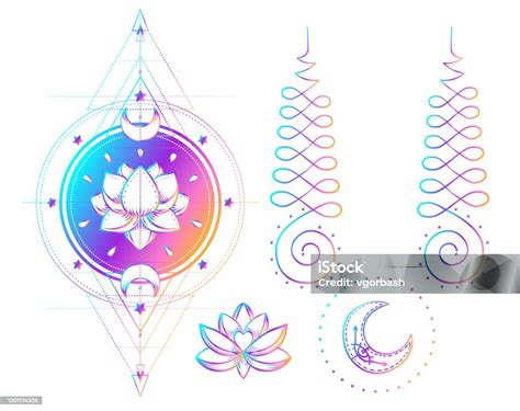 신성한 형상 및 부 기호 세트입니다 조화와 균형의 아유르베다 기호 문신 디자인 요가 로고 포스터 티셔츠 직물 검은 색 위에 다채로운 무지개 그라데이션 꽃 식물에 대한 스톡