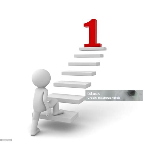 흰색 배경 위에 단계 위에 그의 빨간 숫자 1 목표에 들어서는 3d 비즈니스 남자 가까이 옴에 대한 스톡 사진 및 기타 이미지 가까이 옴 개념과 주제 개발 Istock