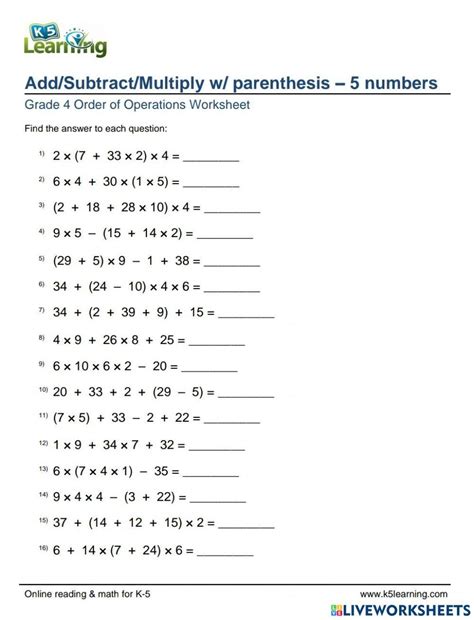 Combined Operations Addition And Subtraction Interactive Worksheet Worksheets Library