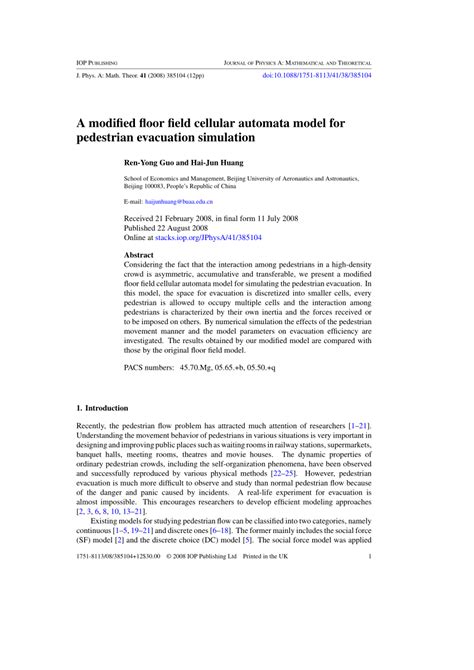 Pdf A Modified Floor Field Cellular Automata Model For Pedestrian Evacuation Simulation