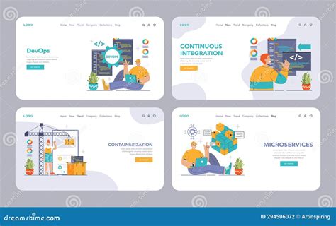 Devops Web Banner Or Landing Page Set Software Development Methodology Stock Vector