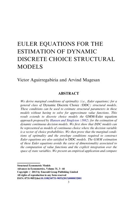 Pdf Euler Equations For The Estimation Of Dynamic Discrete Choice Structural Models