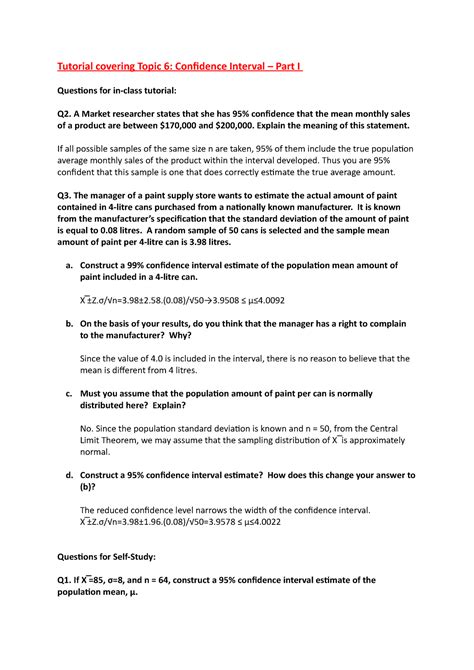 Tutorial Topic 6 In Class Questions Tutorial Covering Topic 6 Confidence Interval Part I