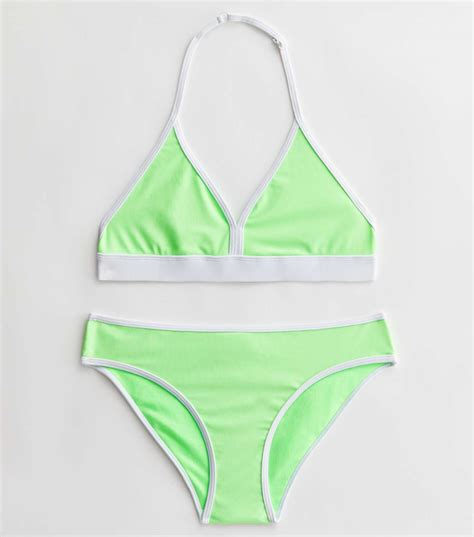 Girls Green Contrast Trim Triangle Bikini Set New Look