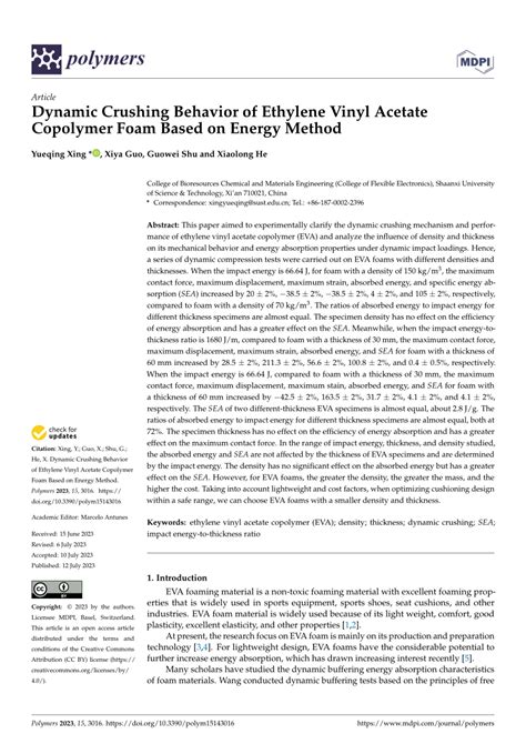 Pdf Dynamic Crushing Behavior Of Ethylene Vinyl Acetate Copolymer Foam Based On Energy Method