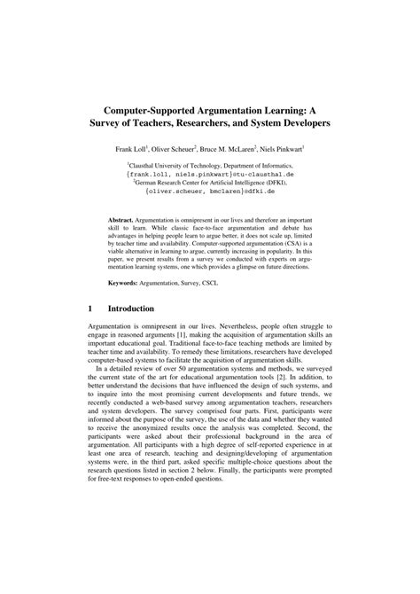 Pdf Computer Supported Argumentation Learning A Survey Of Teachers