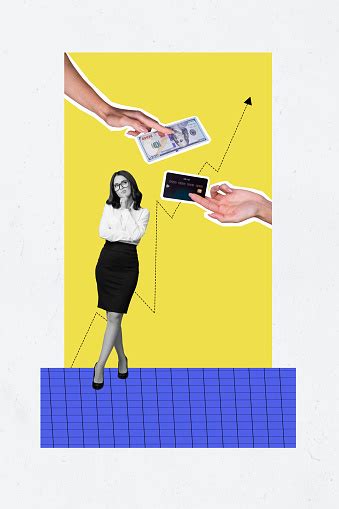 트렌드 삽화 합성 사진 콜라주 작업 공간 아가씨 노동자 앉다 플랫폼 분석하다 통계 제도법 보류 돈 달러 은행 카드 20 24세에 대한 스톡 사진 및 기타 이미지 Istock