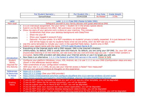 CYT Lab N A Put Babe Name S Put Babe IDs Due Date Grade Weight Samuel Faloye