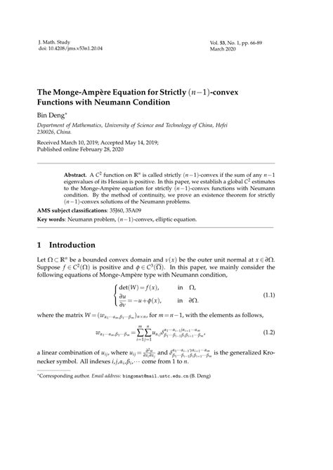 Pdf The Monge Ampère Equation For Strictly N−1 Convex Functions With Neumann Condition