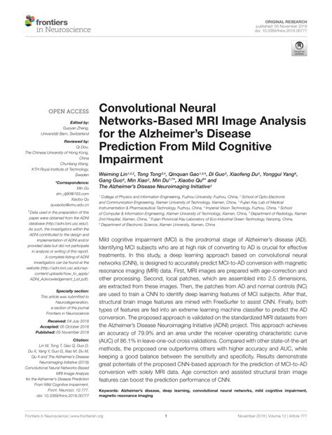 Pdf Convolutional Neural Networks Based Mri Image Analysis For The Alzheimers Disease