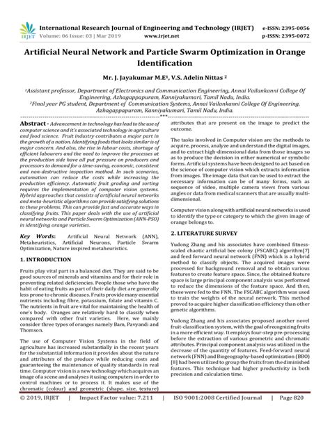 Irjet Artificial Neural Network And Particle Swarm Optimization In Orange Identification