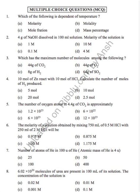 Chemistry MCQs For Class Chapter Wise With Answers In Th Chemistry Chemistry Class