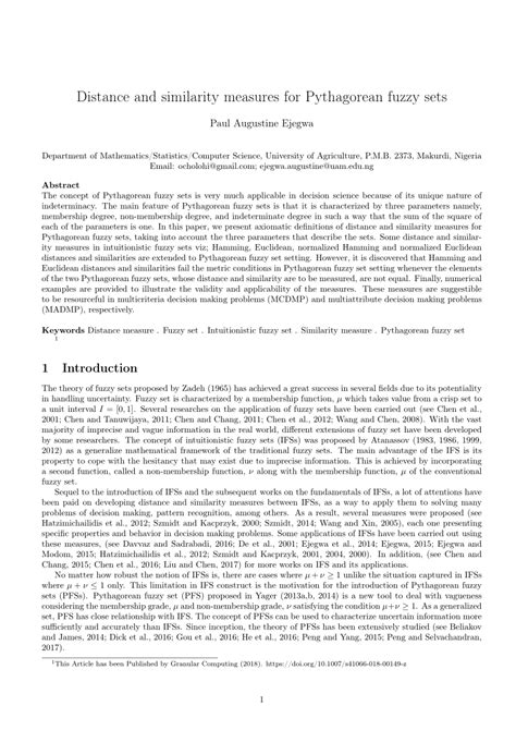 PDF Distance And Similarity Measures For Pythagorean Fuzzy Sets