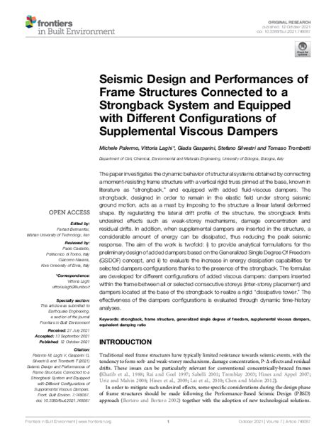 Pdf Seismic Design And Performances Of Frame Structures Connected To A Strongback System And