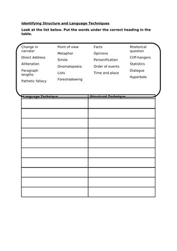 Structure And Language Techniques Worksheet Teaching Resources