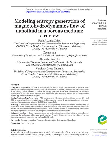 Pdf Modeling Entropy Generation Of Magnetohydrodynamics Flow Of Nanofluid In A Porous Medium