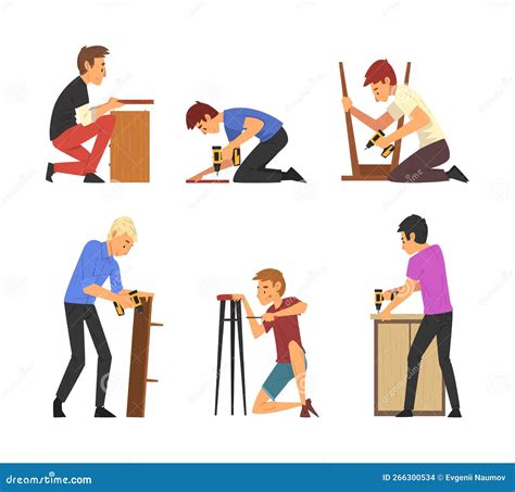 Men Assembling Furniture Set Male Characters Making Wooden Furniture