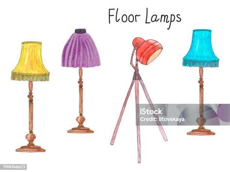 플로어 램프 컬렉션입니다 프린지 삼각대 램프노란색 파란색 빨간색과 녹색 램프 갓의 수채화 스케치 예시 세트 수채화에 대한 스톡 벡터 아트 및 기타 이미지 Istock