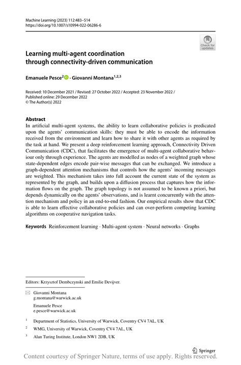 pdf learning multi agent coordination through connectivity driven