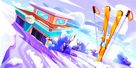 스키 휴가와 스포츠 휴가 개념은 만화 스타일입니다 전경에 스키가 있는 겨울 고산 풍경을 배경으로 슬로프에 있는 스키 리조트 건물