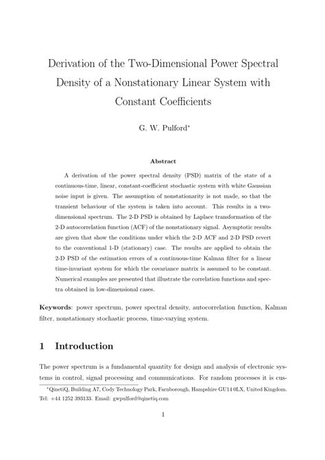 Pdf Derivation Of The Two Dimensional Power Spectral Density Of A Nonstationary Linear System