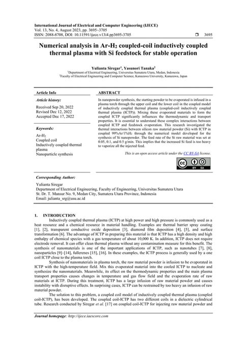 Numerical Analysis In Ar H2 Coupled Coil Inductively Coupled Thermal Plasma With Si Feedstock