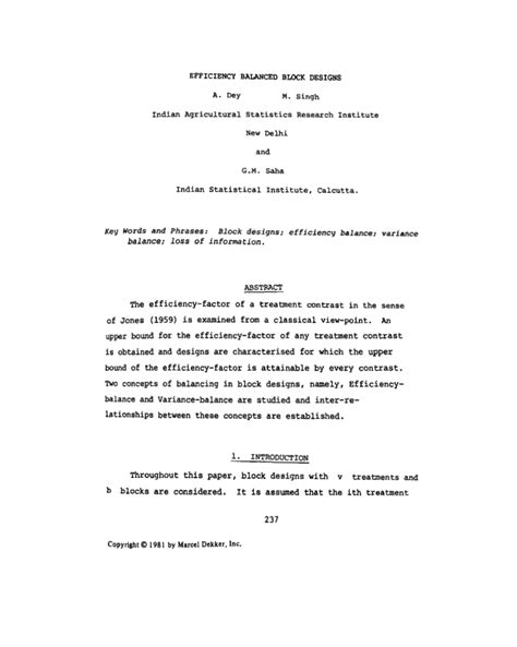 Pdf Efficiency Balanced Block Designs