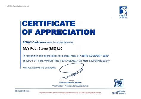 Appreciation Certificate Received From Adnoc Vp Pandc Gtg Mr Ahmed