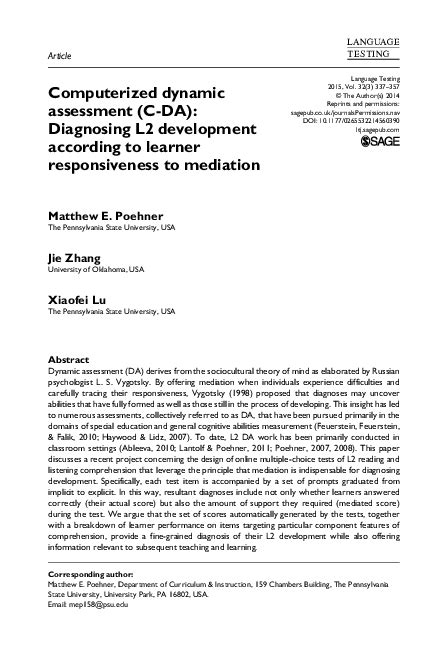 Pdf Computerized Dynamic Assessment C Da Diagnosing L2 Development According To Learner