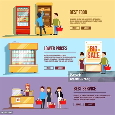 사람들이 쇼핑 3 가로 배너입니다 평면 벡터 일러스트 레이 션은 다른 구매자의 설정 슈퍼마켓에 가족 선에 대한 스톡 벡터 아트 및 기타 이미지 Istock