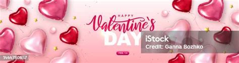 해피 발렌타인 데이 타이포그래피 포스터와 분홍색 하트 모양의 풍선 벡터 그림 2월에 대한 스톡 벡터 아트 및 기타 이미지 2월 3차원 형태 계절 Istock