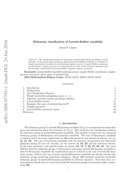Pdf Holonomy Classification Of Lorentz K Ahler Manifolds