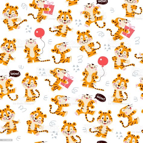 귀여운 작은 호랑이 캐릭터와 원활한 패턴산책 점프 선물 상자를 수행 고립 된 공기 풍선을 개최 호랑이에 대한 스톡 벡터 아트 및 기타 이미지 Istock