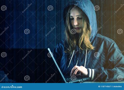 Girl Hacker Uses A Laptop To Hack The System Stealing Personal Data Creation And Infection Of
