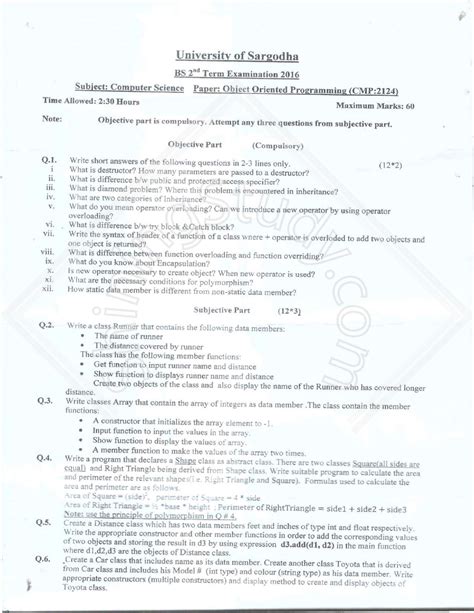 Exam 2016 Bscs Questions And Answers Oopobject Oriented Programing