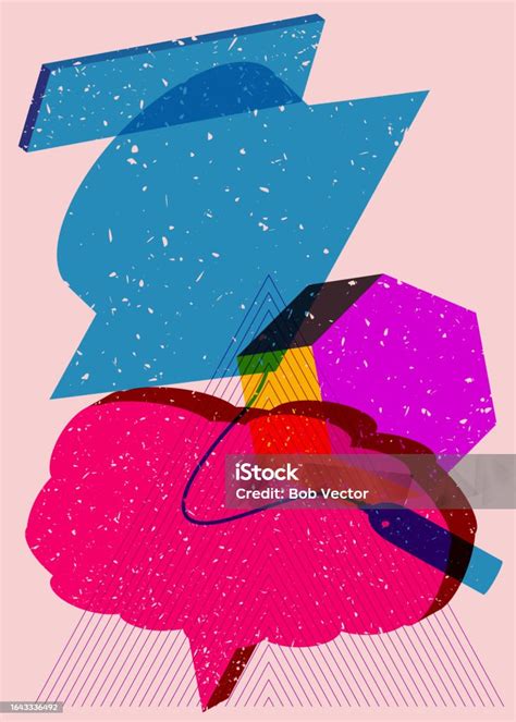 말풍선과 다채로운 기하학적 모양이 있는 졸업 모자 트렌디한 리소 그래프 디자인의 교육 개념 기하학 요소 추상 리소그래프 인쇄