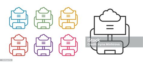 흰색 배경에서 격리된 줄 클라우드 데이터베이스 아이콘을 설정합니다 클라우드 컴퓨팅 개념 데이터 전송이 있는 디지털 서비스 또는 앱입니다 다채로운 아이콘을 설정합니다 벡터