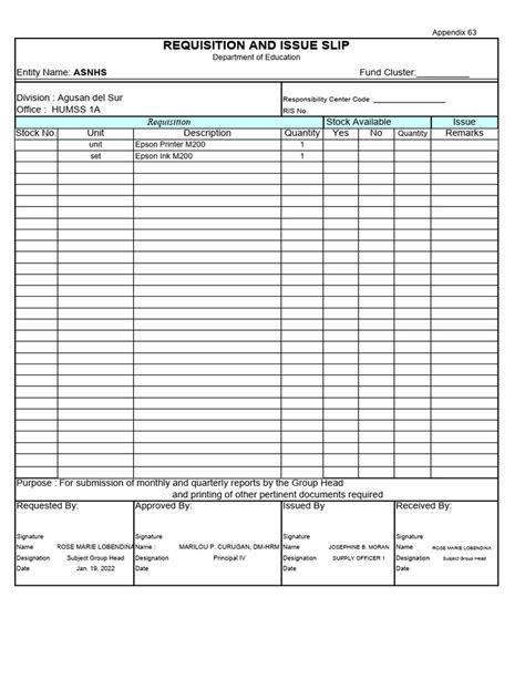 Sample Requisition And Issue Slip Pdf