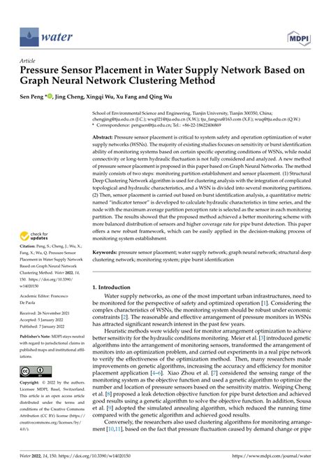 Pdf Pressure Sensor Placement In Water Supply Network Based On Graph Neural Network Clustering