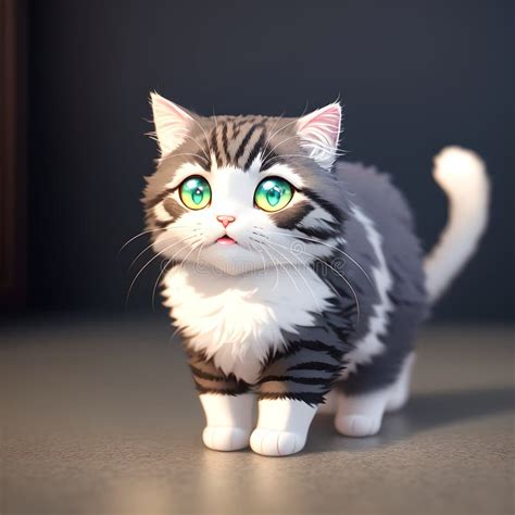 Fugure Of Tiny Cute Fluffy Serious Cat With Big Smart Eyes Ai