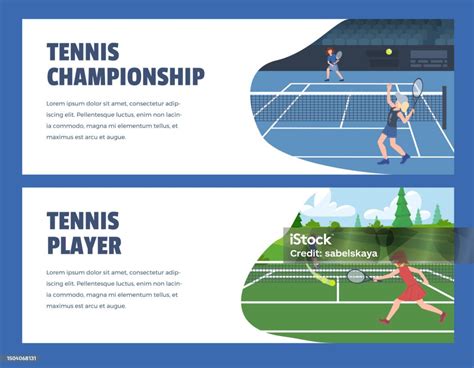코트에서 테니스를 치는 사람들의 벡터 배너 세트 전문 학교 일러스트레이션 테니스 챔피언 칩 토너먼트의 개념 Championship에 대한 스톡 벡터 아트 및 기타 이미지