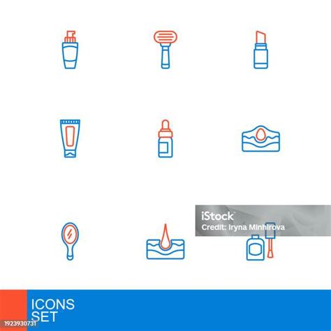 매니큐어 병 사람의 모발 모낭 손 거울 여드름 크림 로션 화장품 튜브 에센셜 오일 병 립스틱 및 면도 면도기 아이콘의 라인 설정 벡터 3월에 대한 스톡 벡터 아트 및 기타