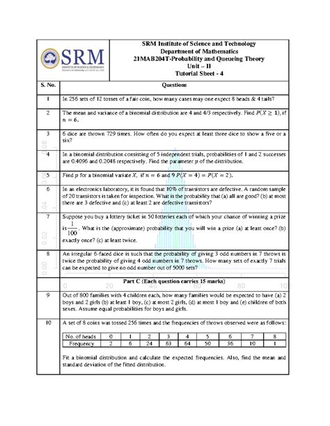 Tutorial 4 Pqt 21mab204t Srm Institute Of Science And Technology Department Of Mathematics 21
