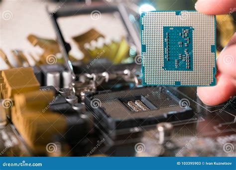 Technician Plug In Cpu Microprocessor To Motherboard Socket Stock Image Image Of Industry