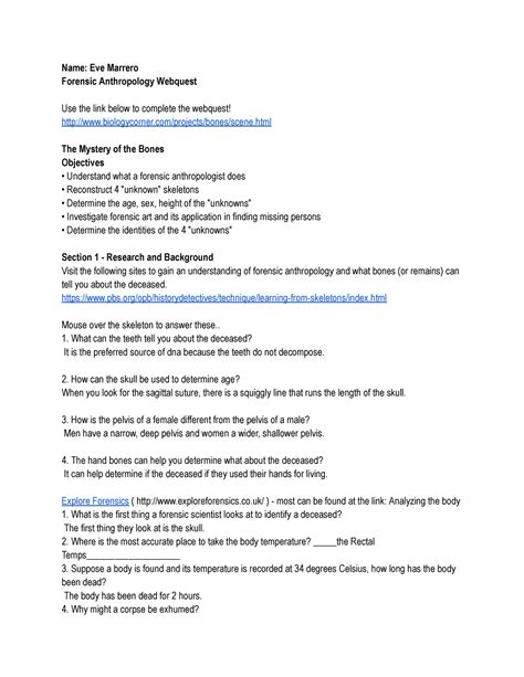 Sex Age Height Determination Webquest Name Eve Marrero Forensic Anthropology Webquest Use