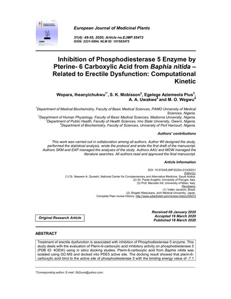 Pdf Inhibition Of Phosphodiesterase 5 Enzyme By Pterine 6 Carboxylic Acid From Baphia Nitida