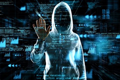 Premium Photo Hacker Using Glowing Hacking Hologram On Blurry Dark Background Crypto Security
