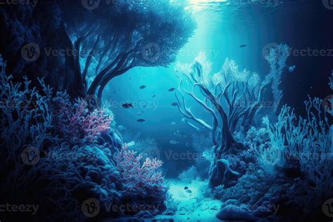 Deep Underwater Atmosphere Large Coral Reef Seaweed And Deep Water