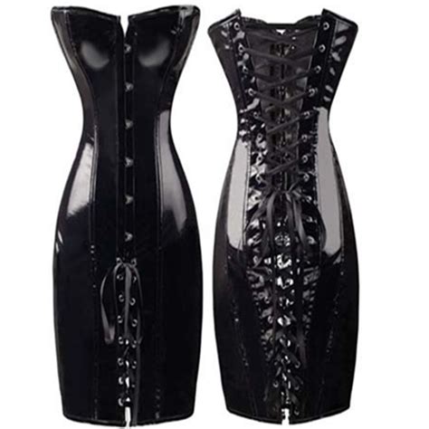 Hot Rood Zwart Body Slim Pvc Corset Sexy Club Lange Bustier Jurk Lange